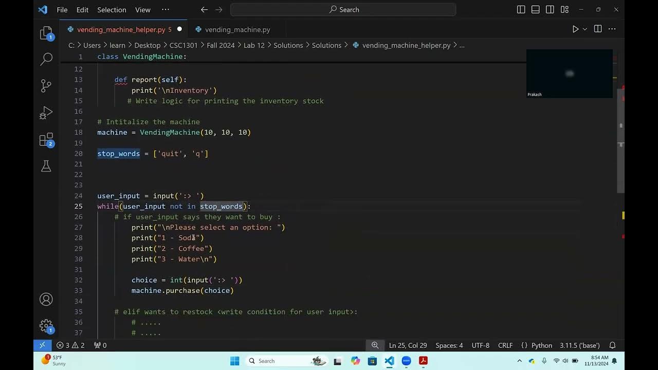 Introducing class and vending machine problem python - YouTube