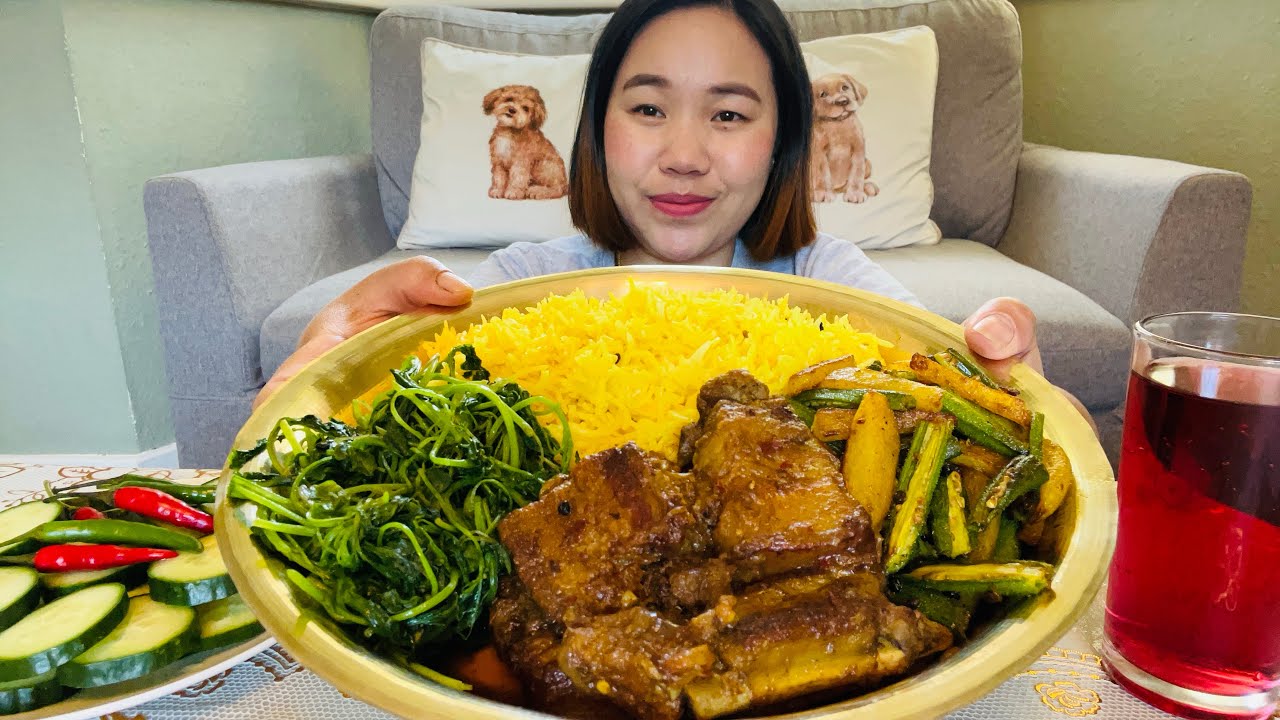 Eating Nepali Food Chamre Bhat, Tori Sag, Pork Curry, Aalu Vindi ...