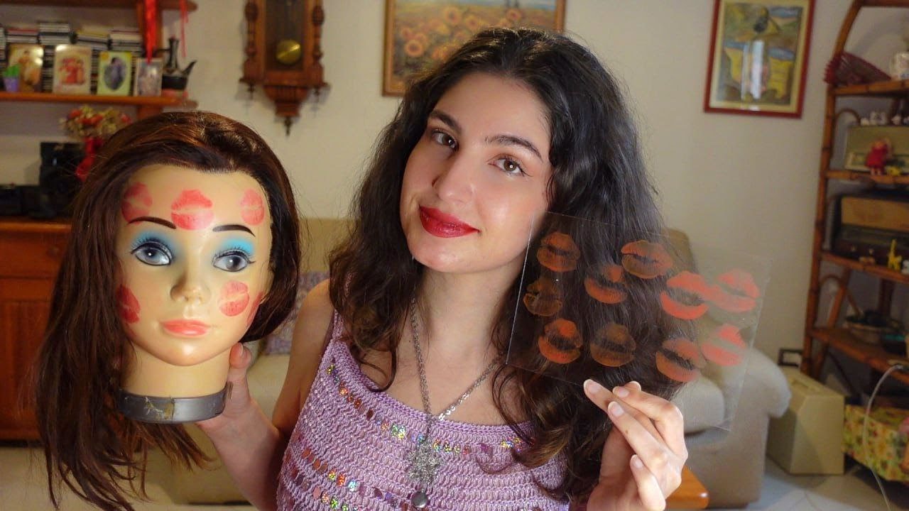 ASMR LIPSTICKS MARKS ON DOLL and Red and Orange GLASS KISS - YouTube