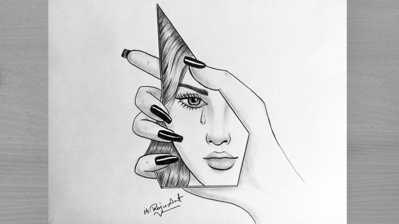 How to Draw A Sad Girl face in Broken Mirror Drawing / Its Raju Art ...