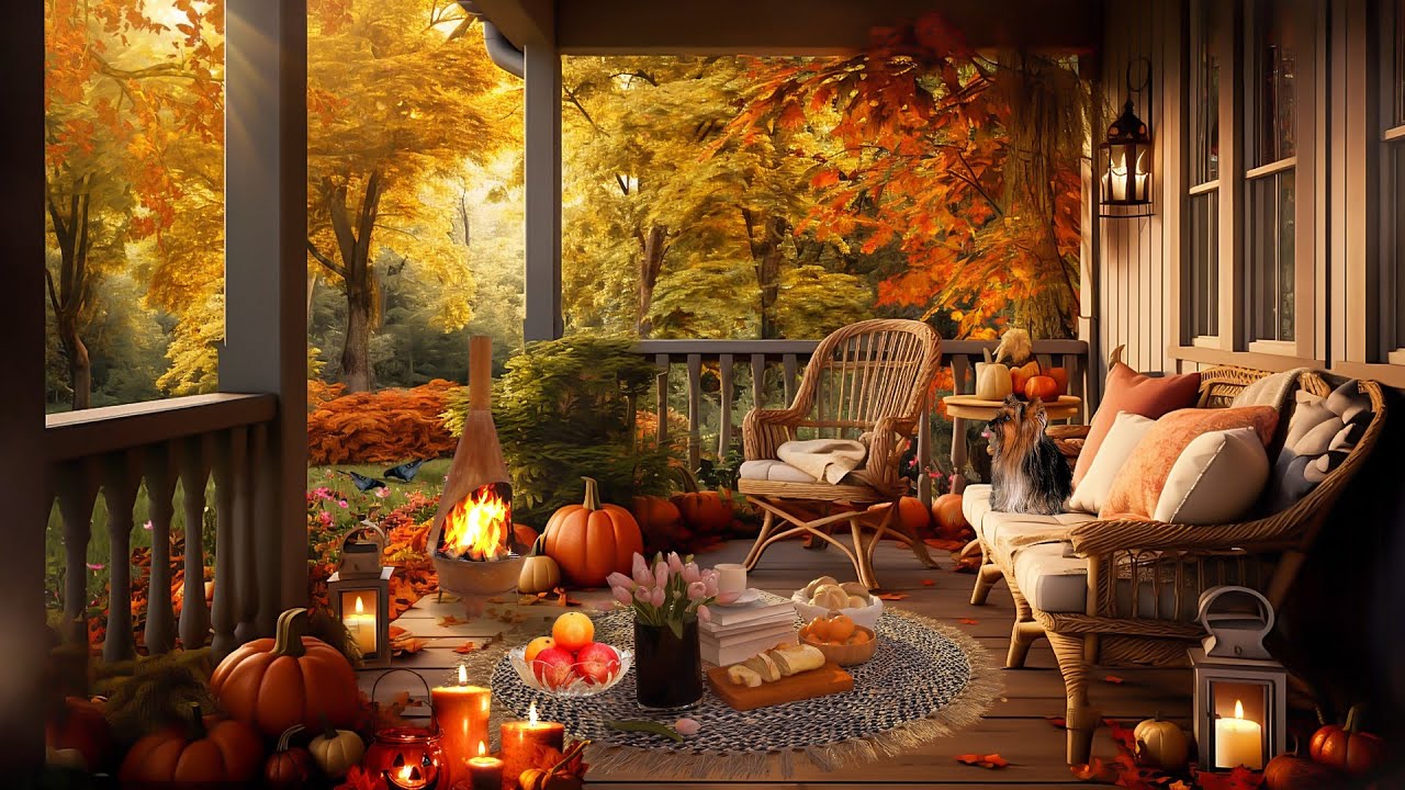 Tea Time in Autumn Garden ASMR Ambience 🍁 Falling Leaves and Beautiful ...