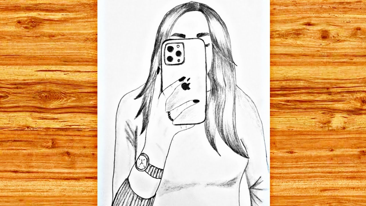 how to draw a beautiful girl taking selfie with iPhone:Pencil Sketch ...
