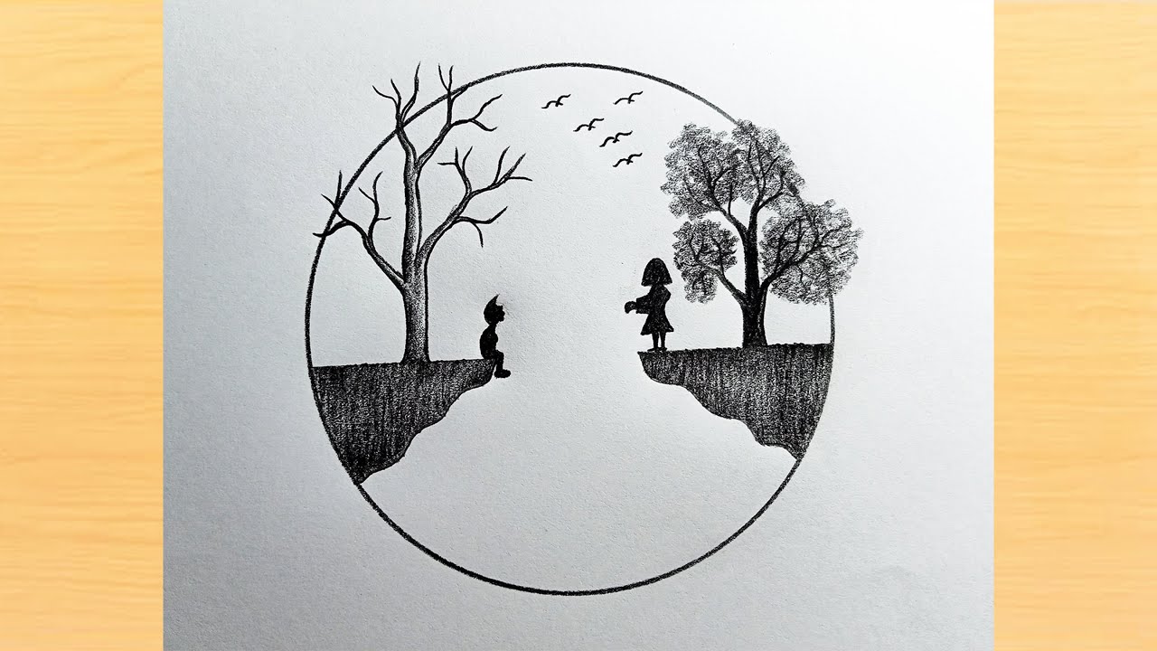 How to draw a couple scenery | Couple drawing in a circle | Easy ...