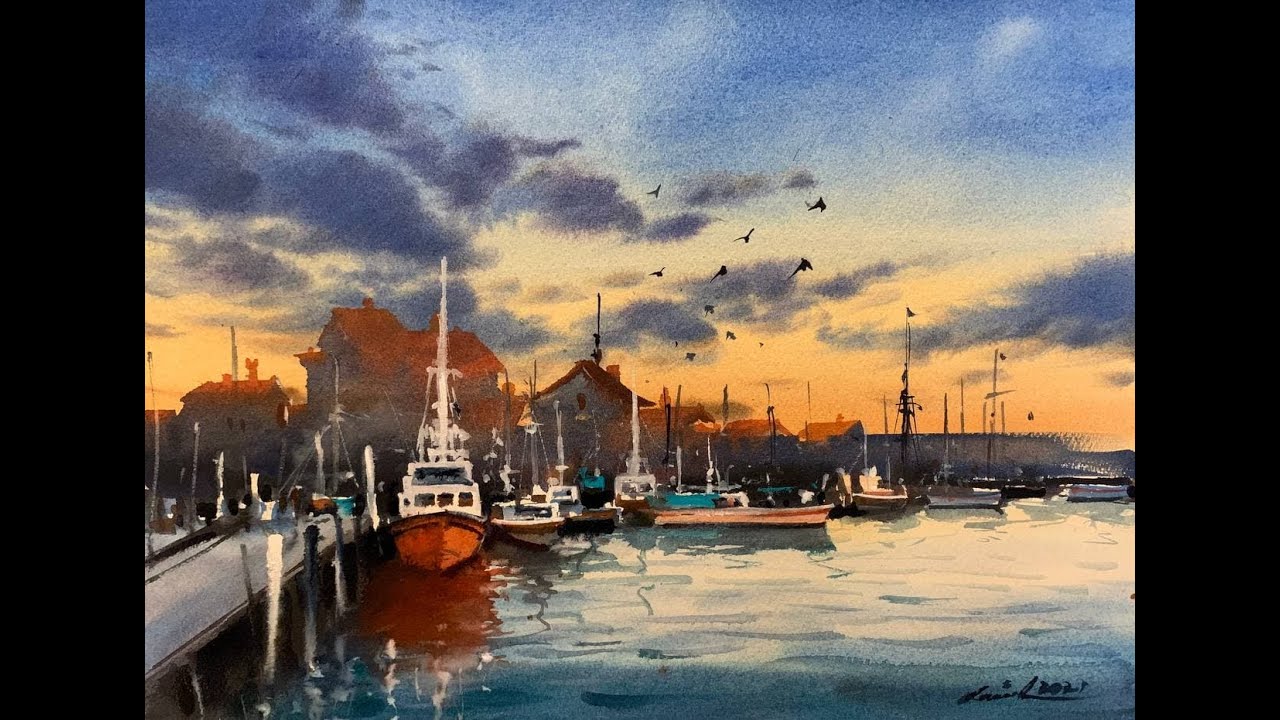How to paint harbor in watercolor painting demo by javid tabatabaei - YouTube