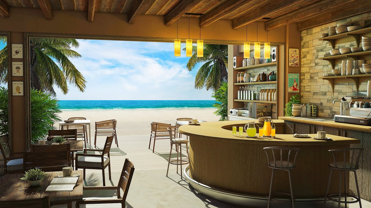 Relaxing Jazz Music and Soothing Sea Waves Sounds in a Seaside Coffee ...