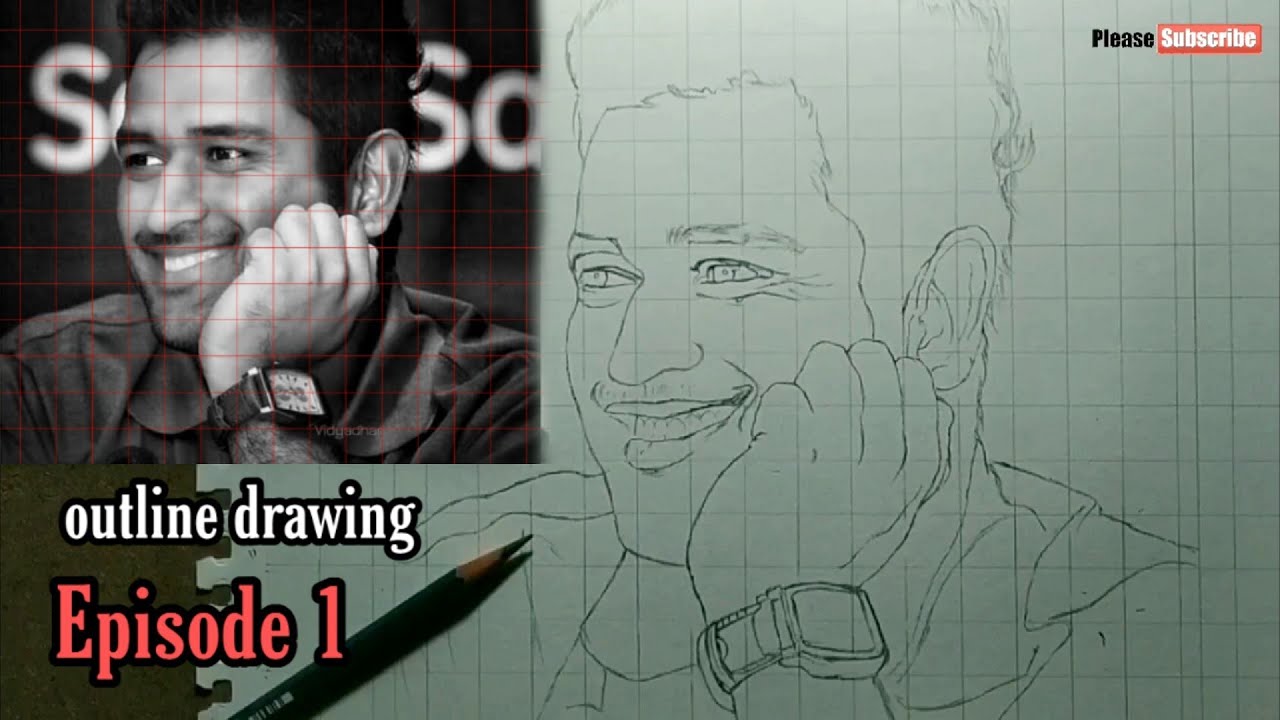 How To Draw outline MS Dhoni face | Easy grid method | sketch drawing ...