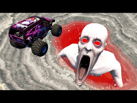 BEST MONSTER TRUCK STUNTS  INTO GIANT QUARRY WITH THE SHY GUY (SCP-096) - BeamNG.Drive