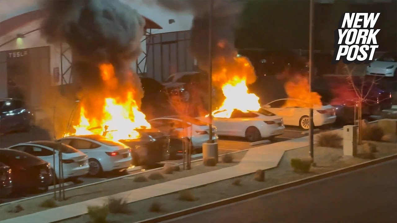 Tesla cars engulfed in flames in an arson attack at a service center in ...