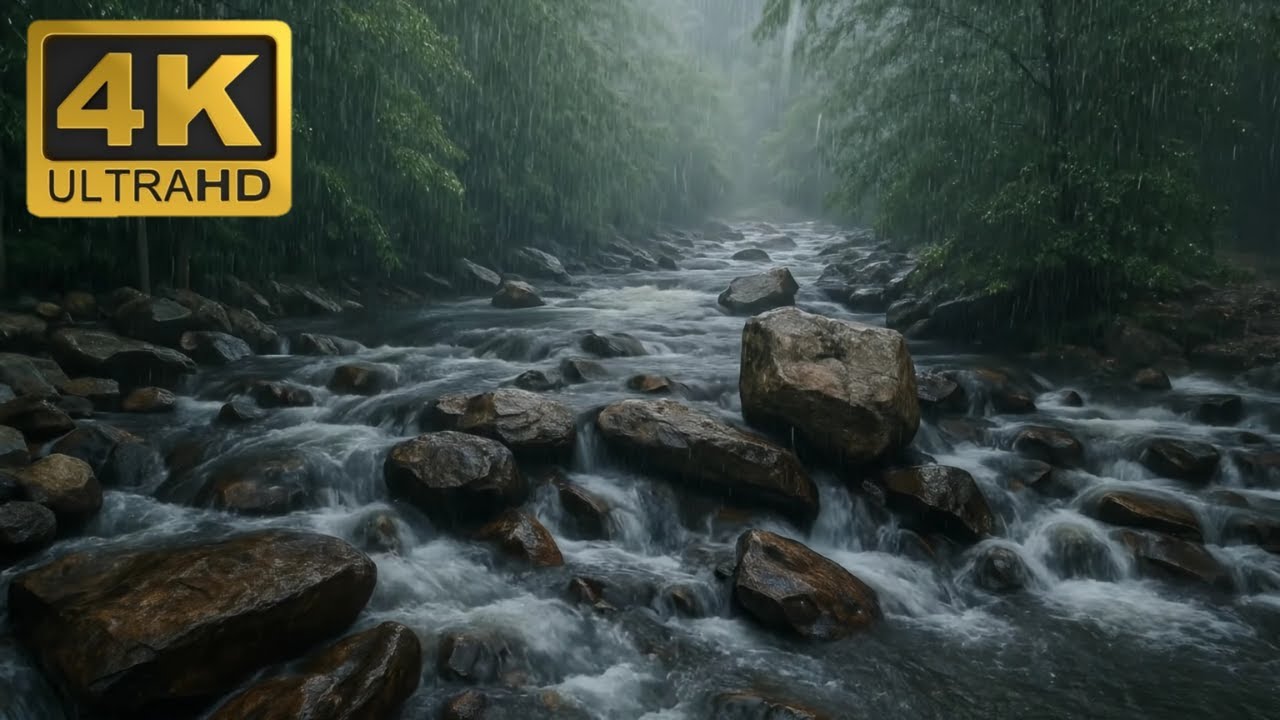 Heavy Rain and Thunderstorm by a Mountain Stream | Relaxing River ...