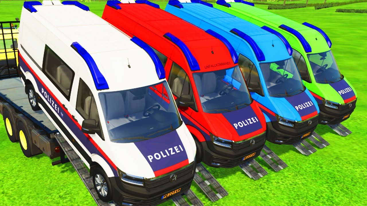 POLICE CARS OF COLORS ! TRANSPORTING COLORED POLICE MINI BUS WITH ...