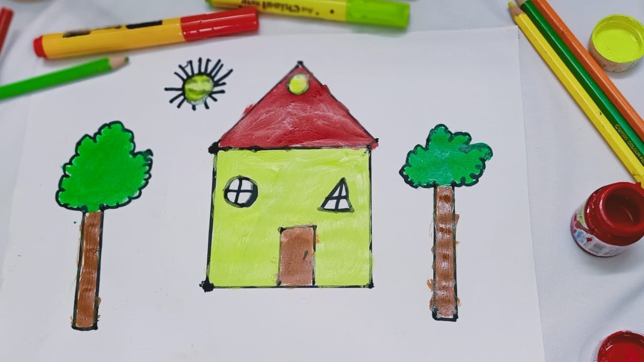Simple Drawing of House For Kids From Shapes|Easy Acrylic Painting for ...