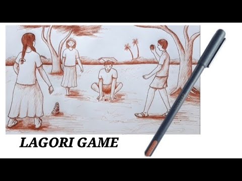 Lagori [ 7 Stones | Guti ] game Drawing - shading in Brown ink pen ...