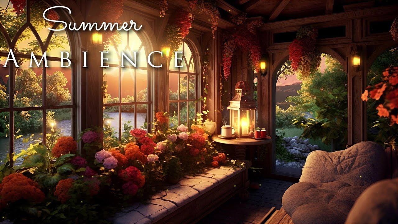 Summer Ambience ☀️💐 Flower Porch, Water Sounds and Birdsong Soundscape ...