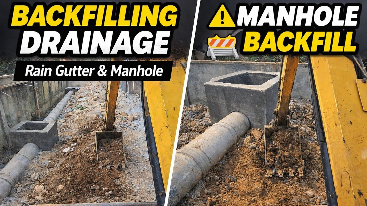 Backfilling Rain Gutters & Manhole | Excavator POV Satisfying Drainage ...