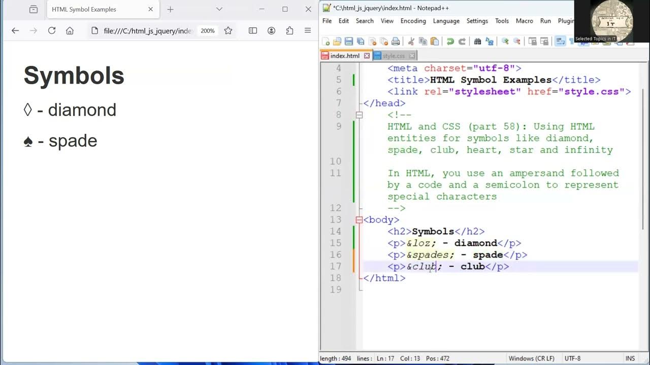 HTML and CSS (part 58): HTML entities for symbols diamond, spade, club, heart, star and infinity ...
