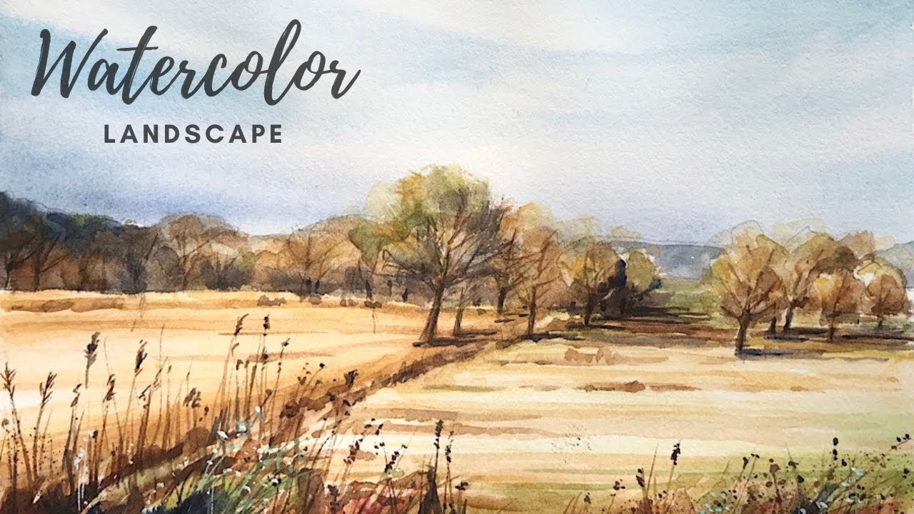 How to Paint a Simple Watercolor Landscape l Autumn Field Watercolor l ...