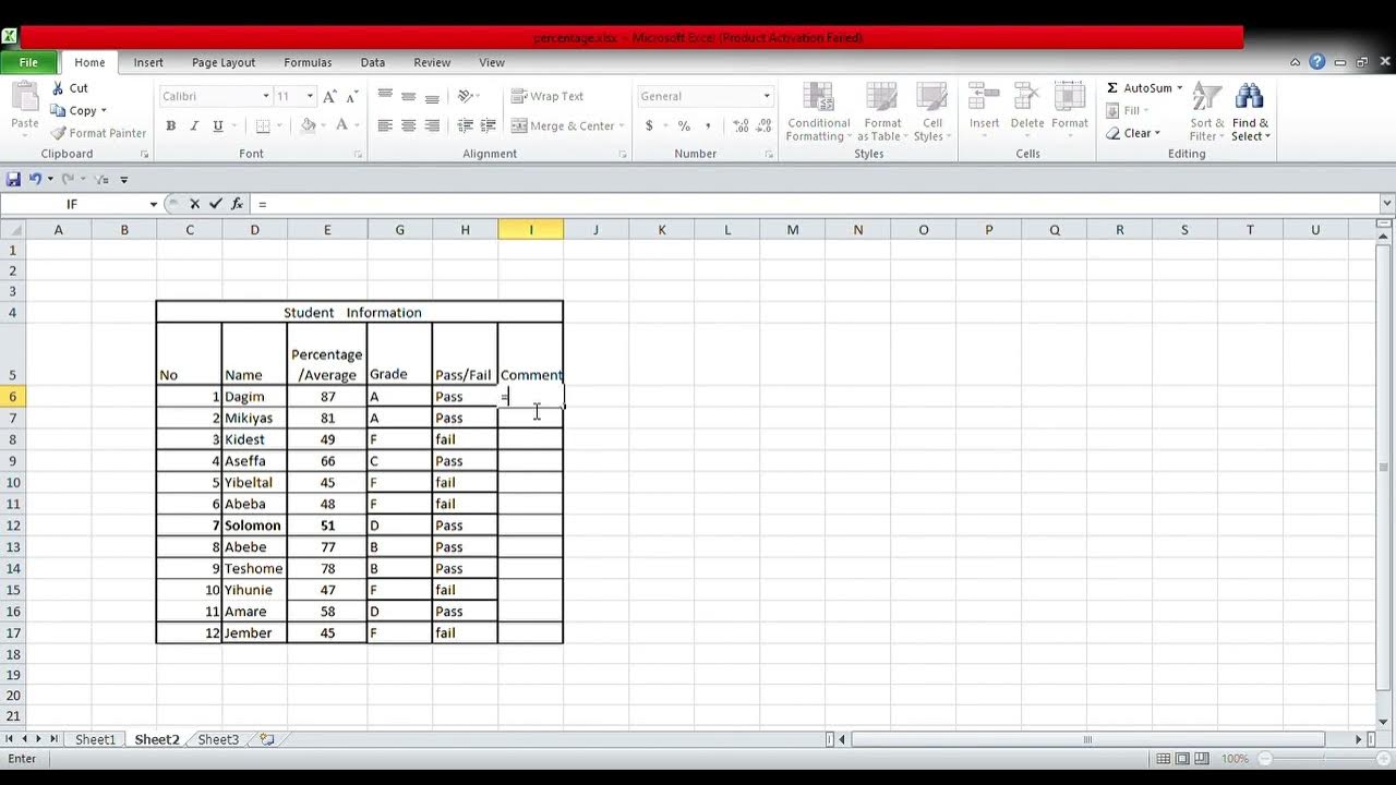 Calculate Grade,Pass/Fail and Comment Using Percentage - YouTube