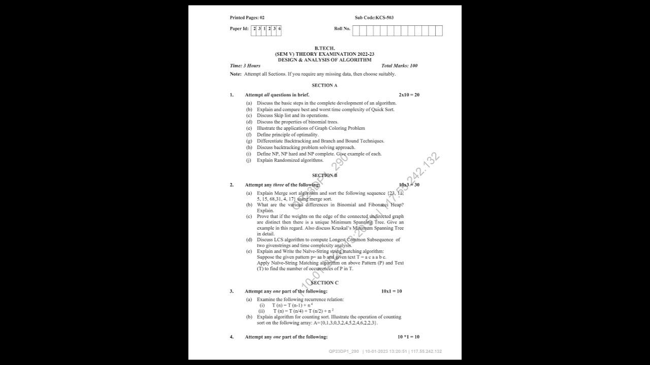 DESIGN ANALYSIS OF ALGORITHM KCS-503 | AKTU BTECH 5th SEMESTER 2023 | - YouTube