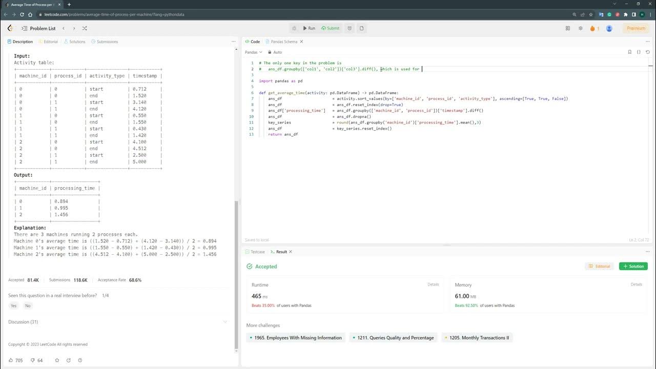 【leetcode Pandas 13 30】1661 Average Time Of Process Per Machine ~easy Youtube