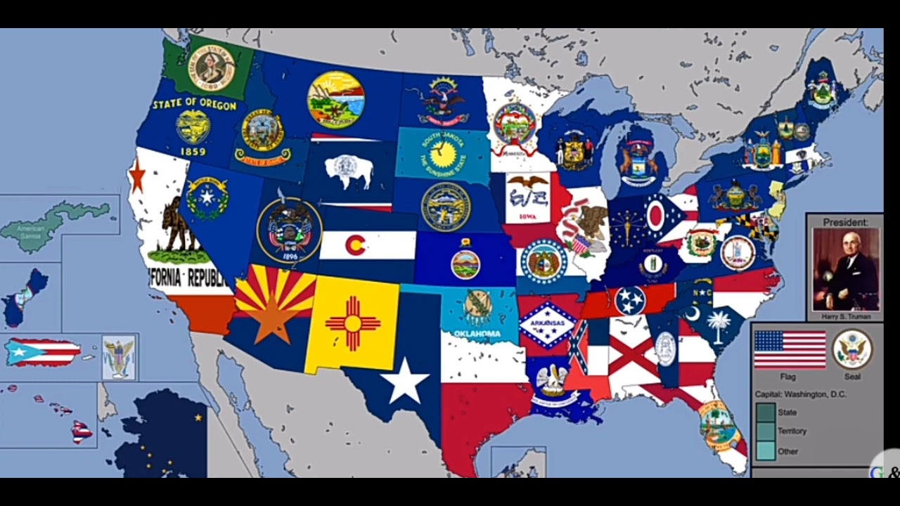 United States of lore with states flag @GeographyandSpace is credits ...