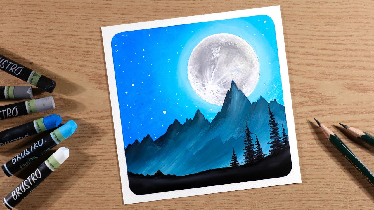 Beautiful Mountain Moonlight / Drawing with Oil Pastels / Step by Step ...