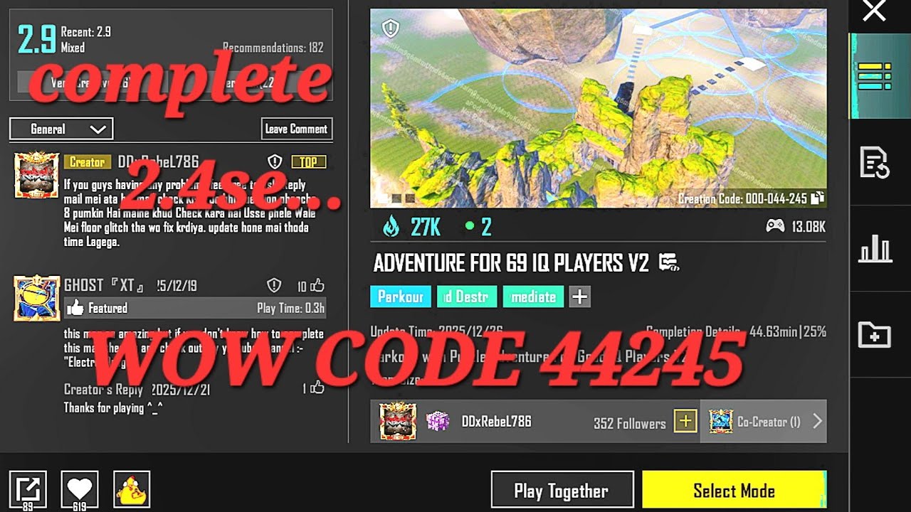 Bgmi wow Parkour map code 44245 | Adventure FOR 69 1Q PLAYERS | # ...