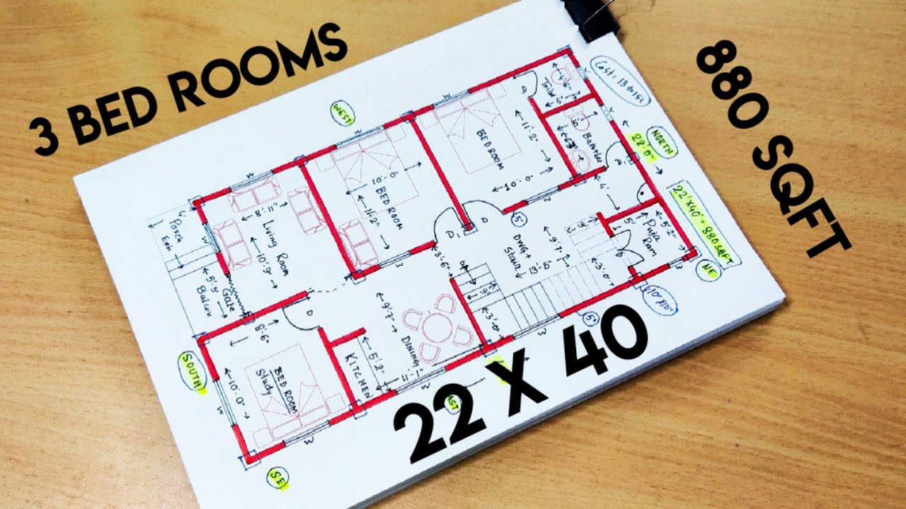 22 x 40 house plan with 3 bed rooms II 22 x 40 home design II 3 bhk ...