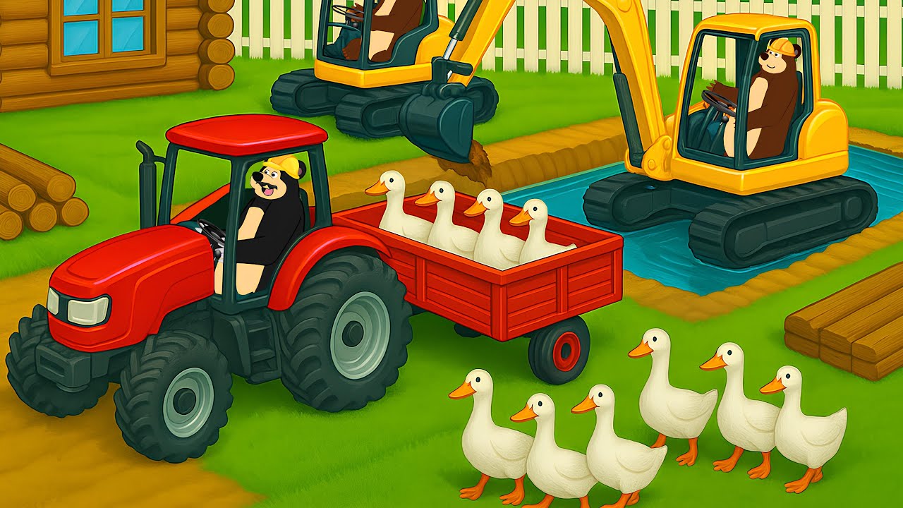Farmer & Tractor Digging Pond and Fence for Ducks 🦆 | Vehicles Farm ...