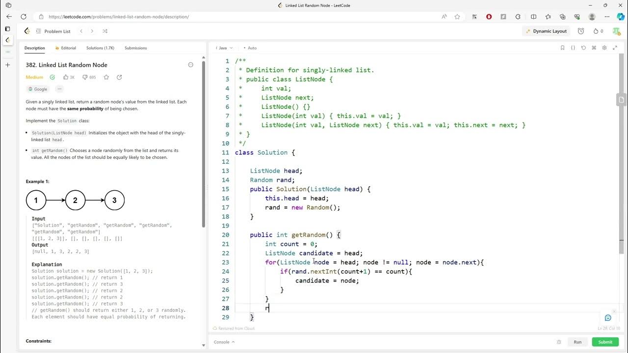 Leetcode 382 Linked List Random Node Java Youtube