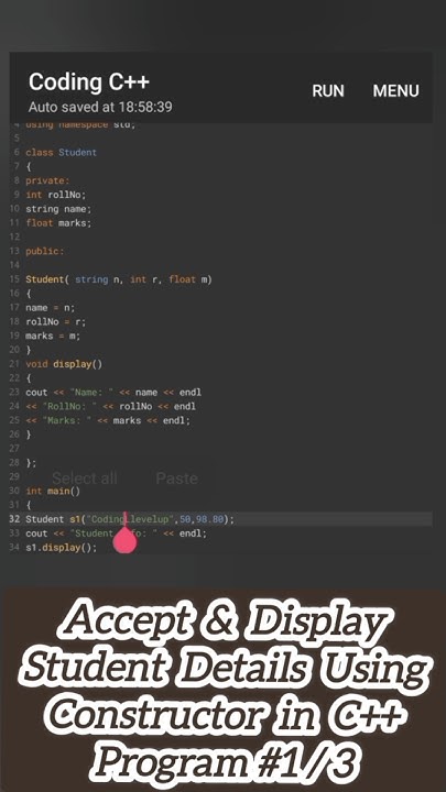 Accept and display student details using constructor in c++ program day1/3 #cpp #constructor # ...