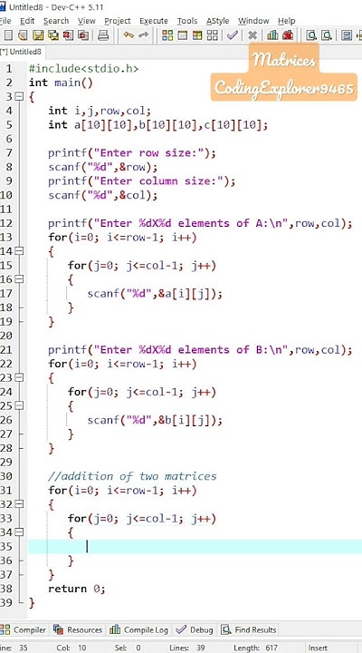C Program To Add Two Matrices Using Multi Dimensional Arrays Youtube 4150