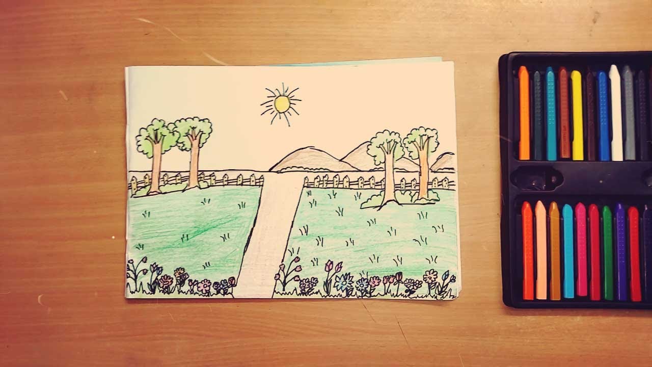 Garden scenery step by step drawing | How to draw a Garden Scence - YouTube