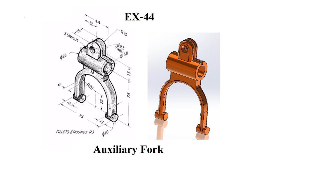 Solidworks tutorial of Ex 44 Auxiliary Fork Geometric Shape from Second Assignment of LearnVern ...