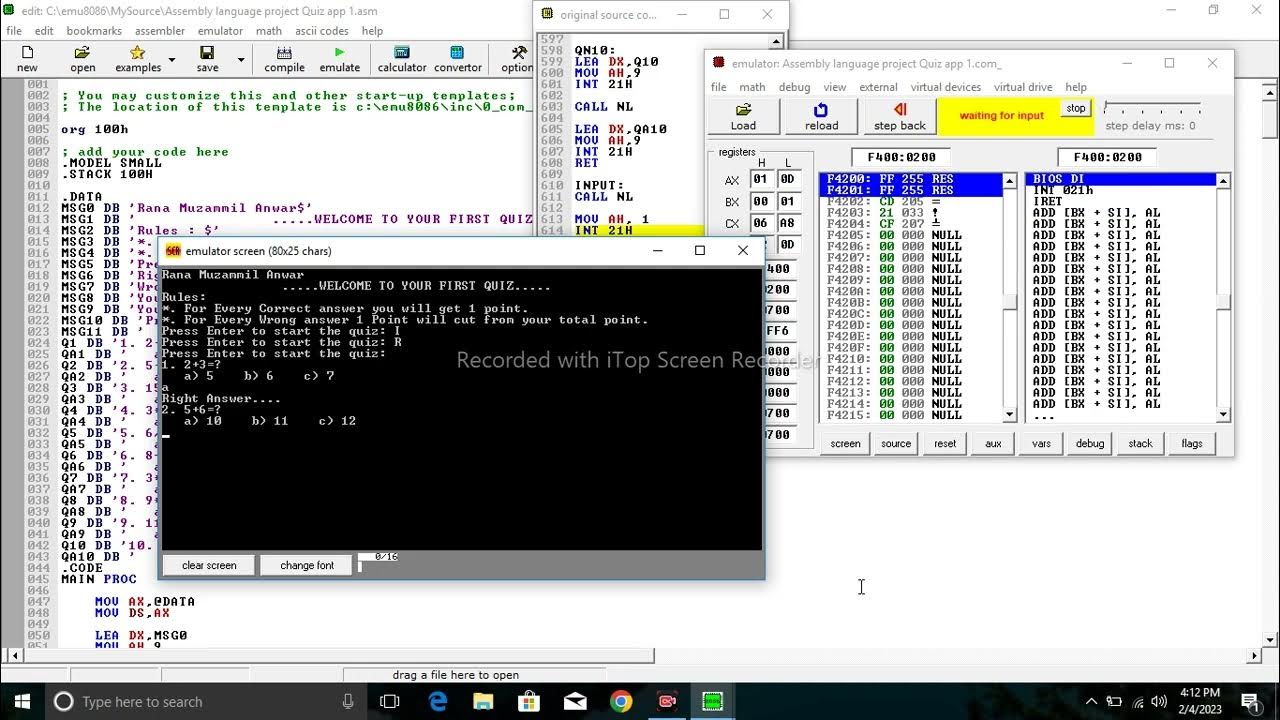 Assembly Language Project Quiz System In Emulator Emu 8086 Youtube