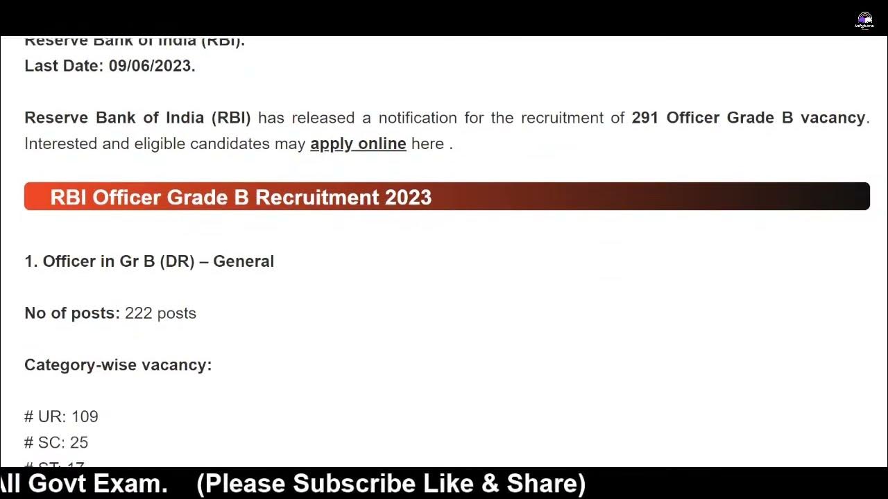 Rbi Officer Grade B Recruitment 2023 Vacancy Post 291 Vacancy