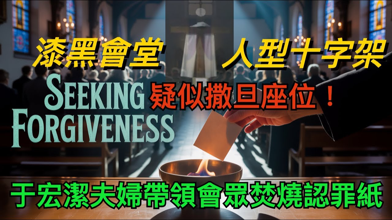 于宏潔夫婦帶領會眾焚燒認罪紙；漆黑會堂，人型十字架疑似撒旦座位！Yu Hongjie’s Church Burns Confession ...