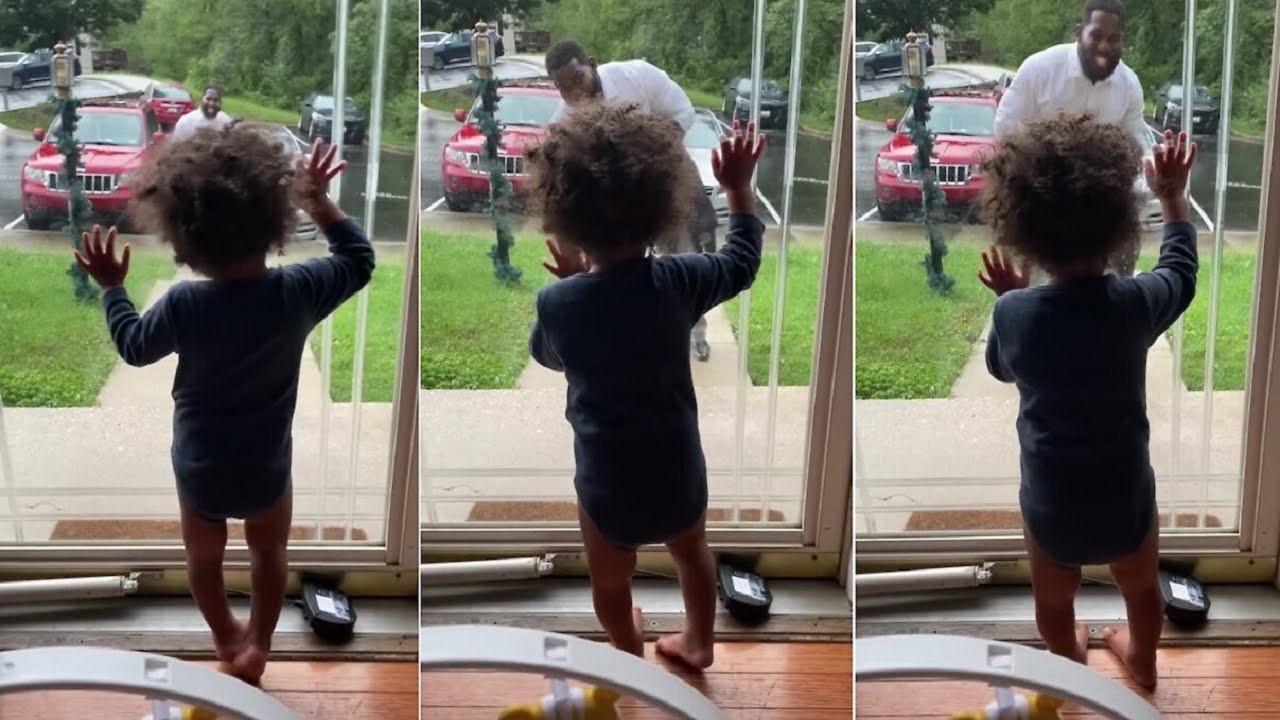 Heartwarming scene as toddler welcomes daddy home from work - YouTube