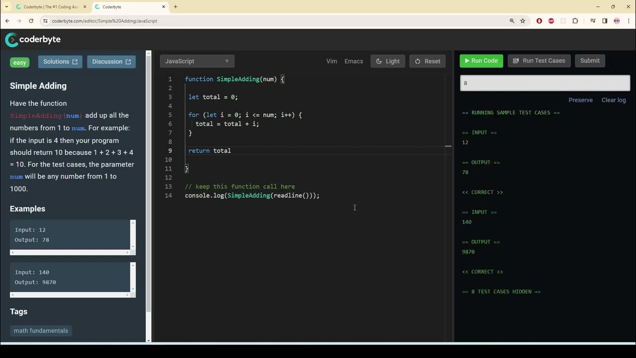 Coderbyte | Simple Adding | Easy | Solution with JavaScript - YouTube