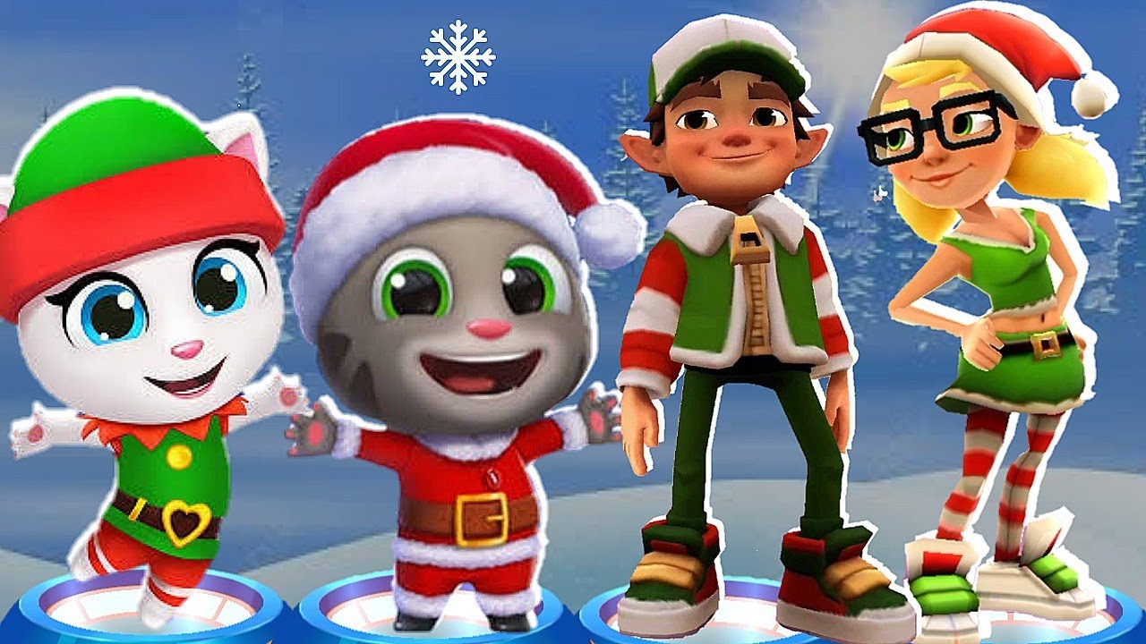 Talking Tom Gold Run vs Subway Surfers X-Mas Santa Tom vs Elf Angela vs ...