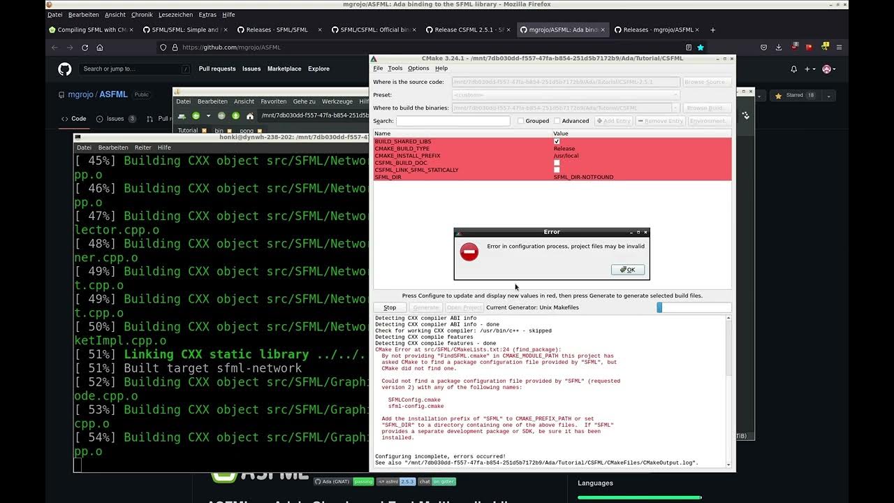 Build the SFML and CSFML and use it through the ASFML in Ada (Linux) - YouTube
