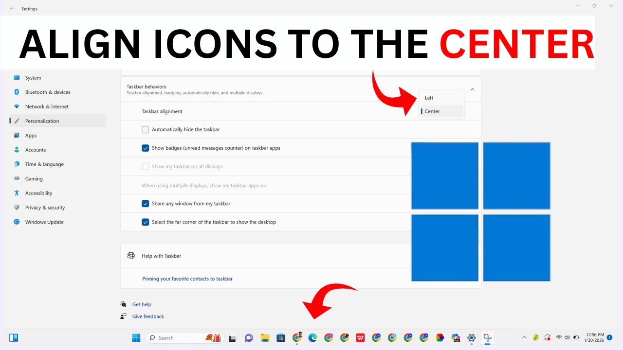 How To Align Icons To The Center Of Your Taskbar On Windows - YouTube