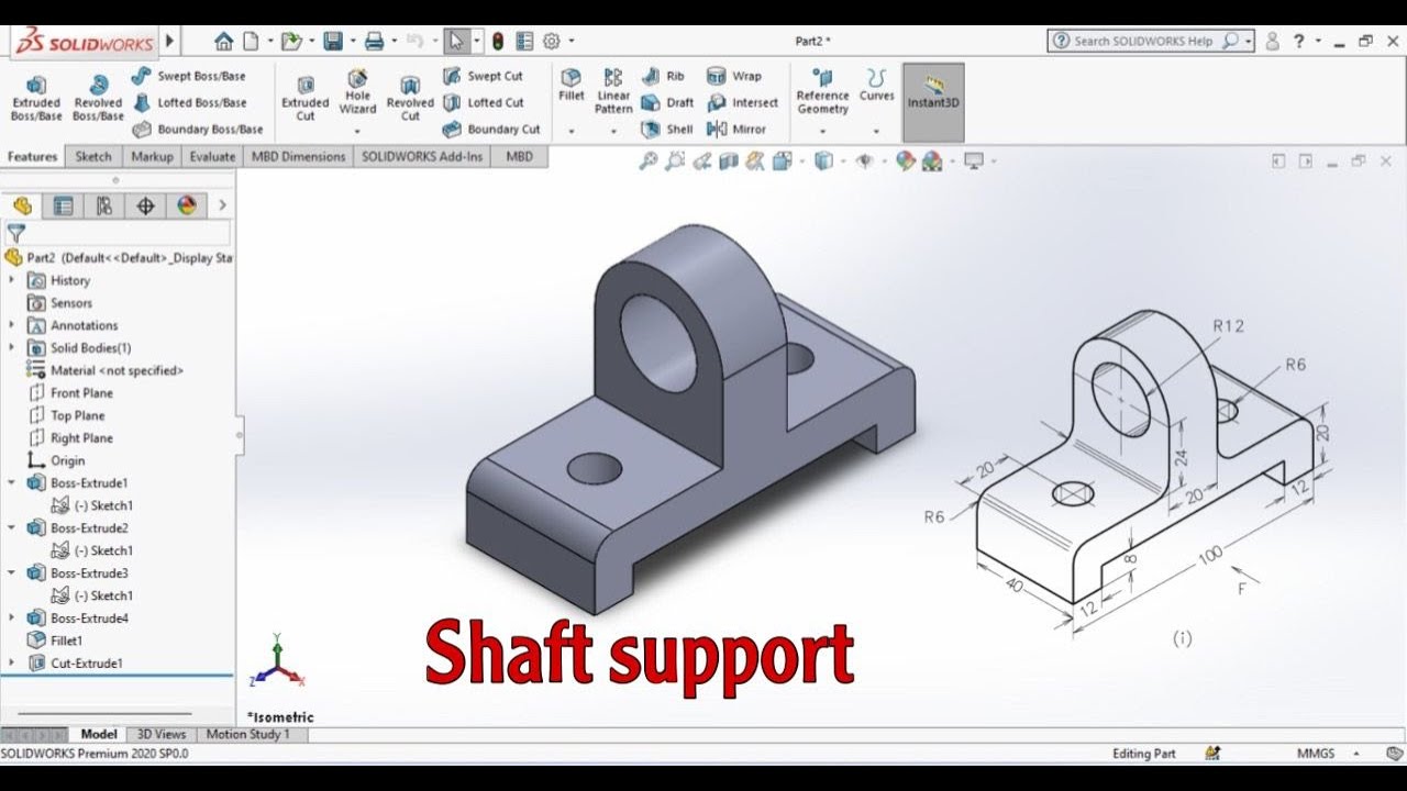 سوليدورك Mechanical Drawing using SolidWorks , Exercise 2 Shaft support - YouTube