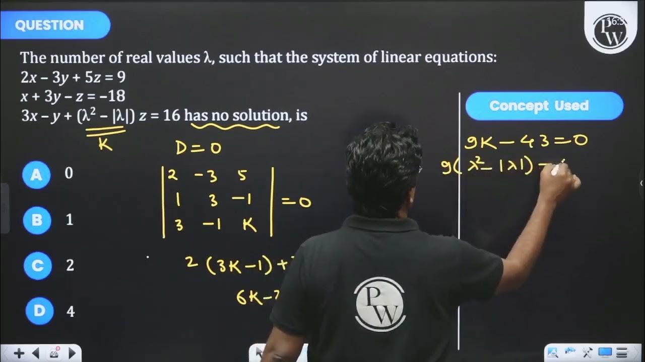 The number of real values \(\lambda\), such that the system of linear equations\(\begin{aligned ...