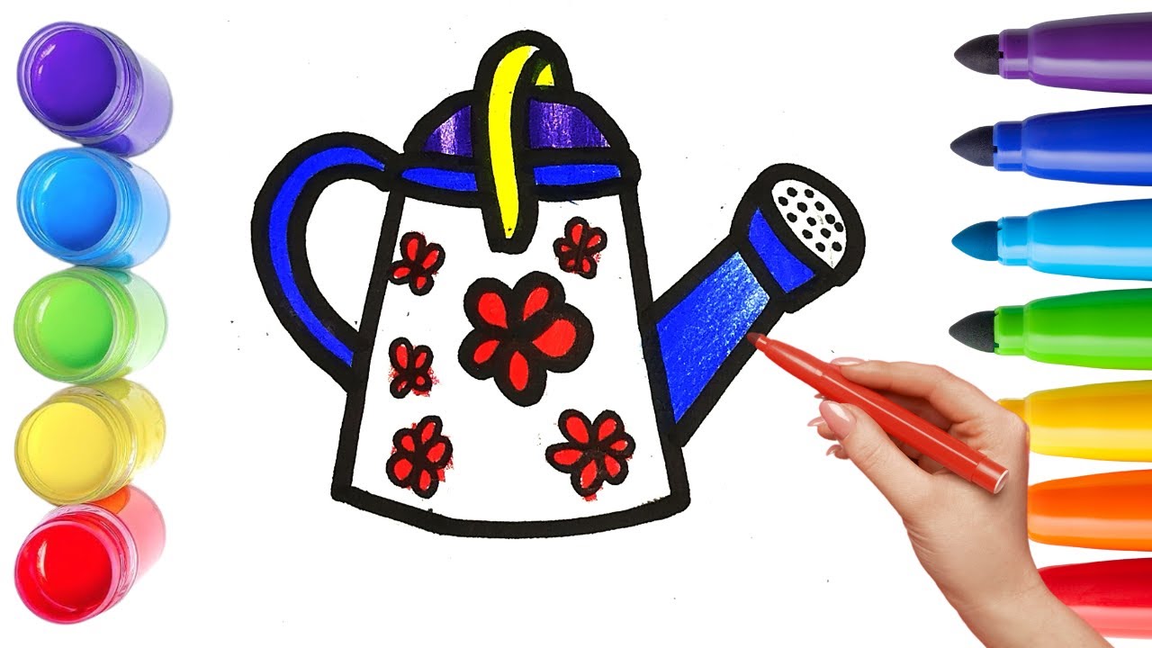 How To Draw cute FLOWER WATER POT Drawing, Painting & Coloring For Kids ...