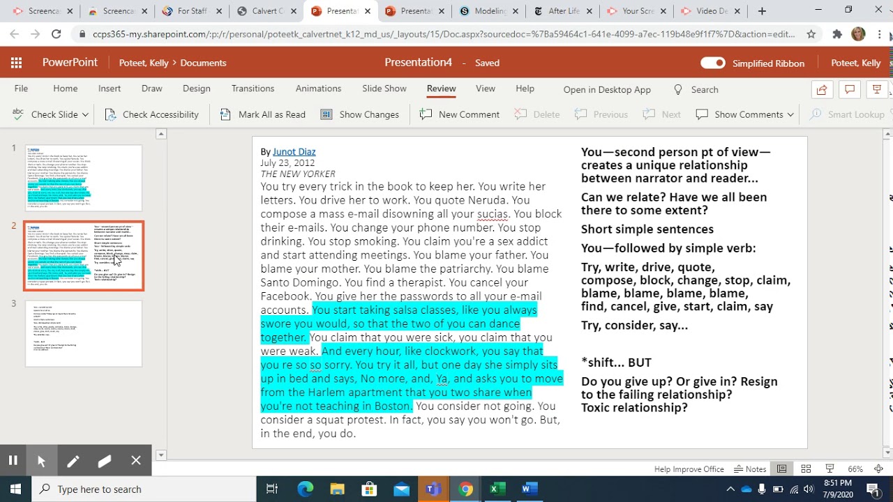 JUNOT DIAZ EXCERPT, THE NEW YORKER, STRUCTURE/PT OF VIEW, annotation ...