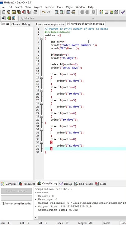 Print Numbers Of Day In Month Using Ifelse Statement C Programming Coding Shorts 