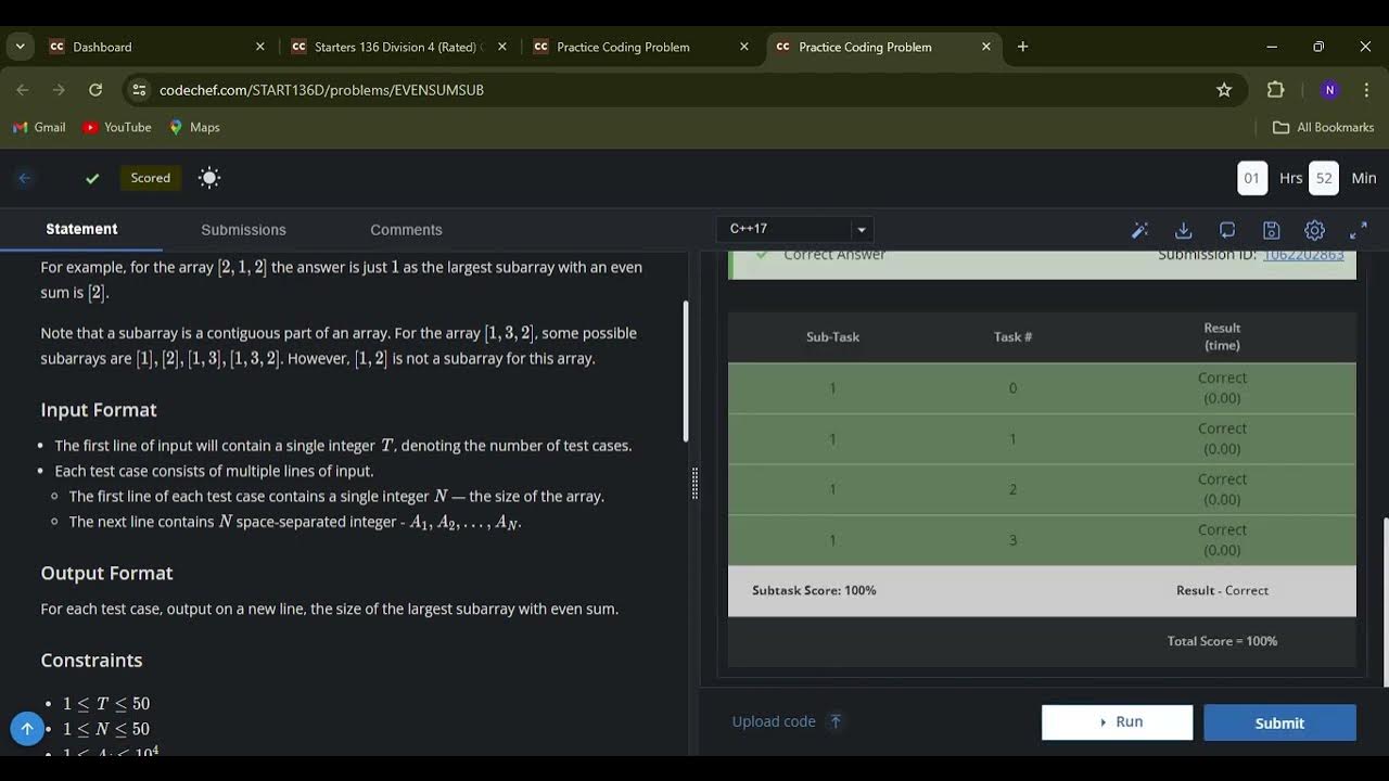 Even Sum Subarray || CodeChef Starters 136 || CodeChef Solution - YouTube