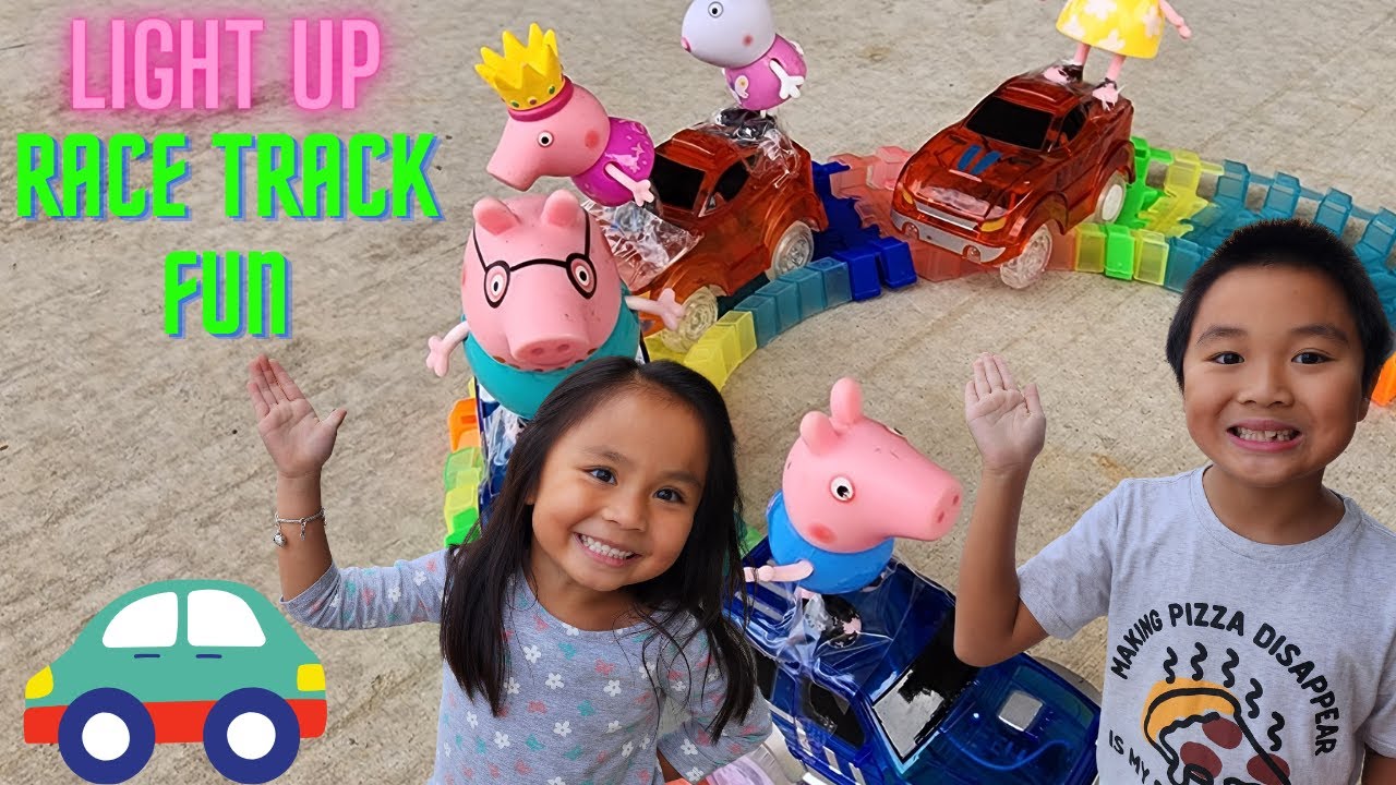 Building a race track for Peppa Pig and family. Fun glow in the dark ...