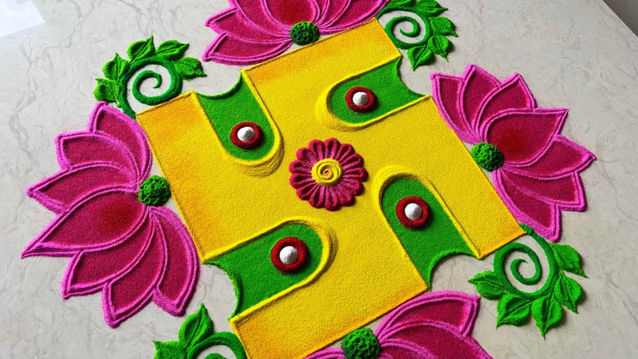 Lotus swastk rangoli designs/ tulsi vivah rangoli/ easy rangoli ...