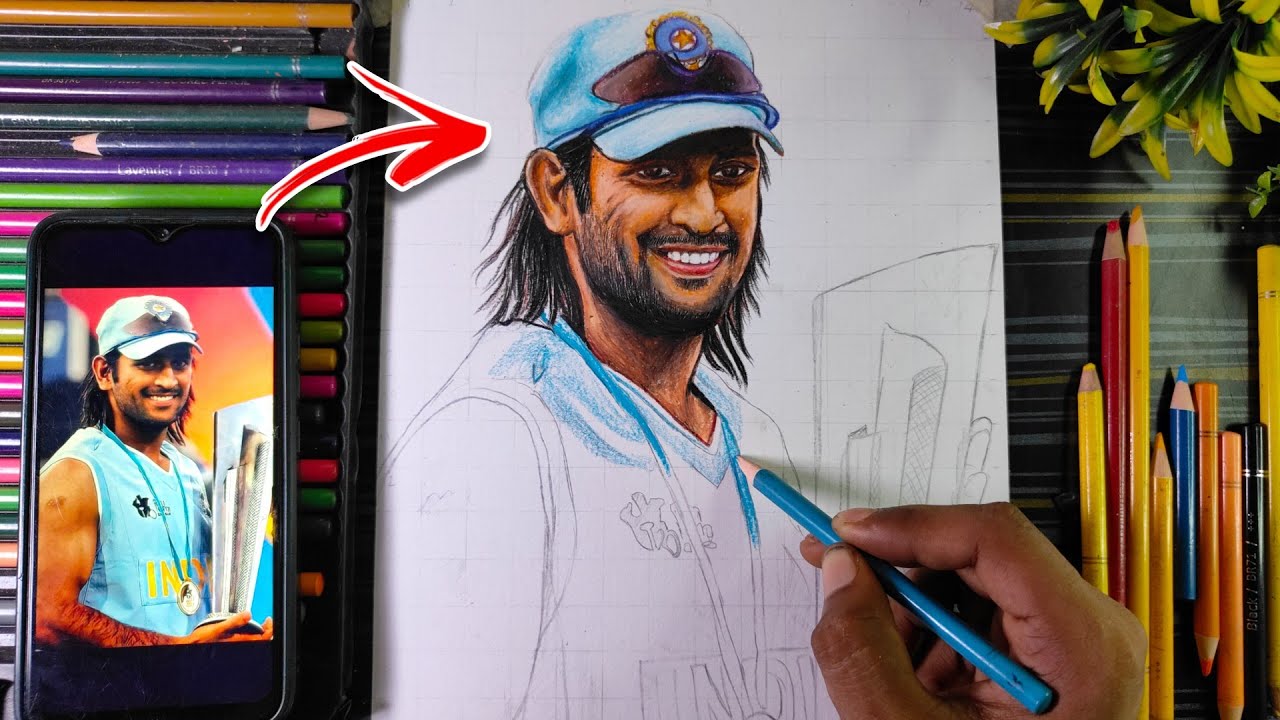 MS Dhoni drawing with colour Pencil, Mahendra Singh Dhoni With Trophy ...